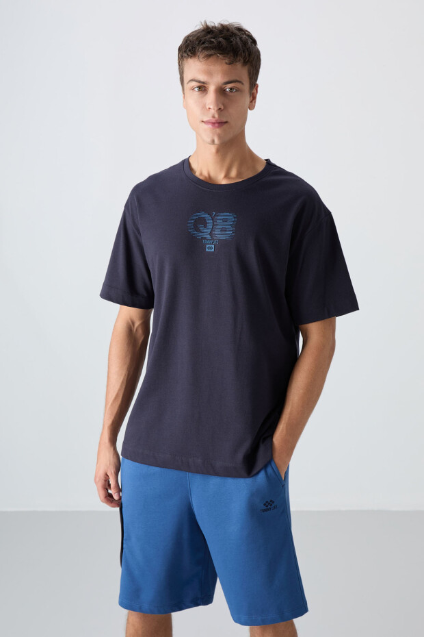 Lacivert Pamuklu Kalın Yumuşak Dokulu Oversize Fit Baskılı Erkek T ...